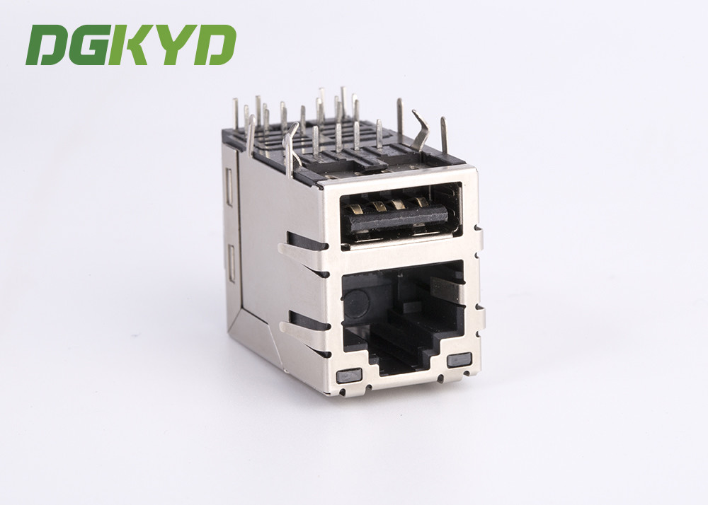 High Performance Stacked USB RJ45 connector combo, 1000Mb, with LEDs