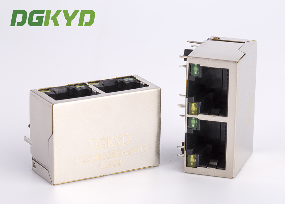 Ganged dual port rj45 ethernet connector with magnetics cat6 , G/Y LED