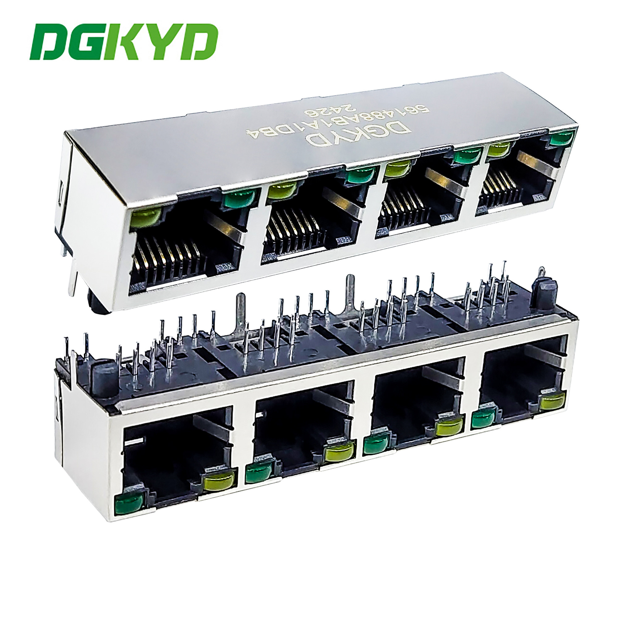 Four port RJ45 90 degree straight plug connector 8P8C with light gold ...