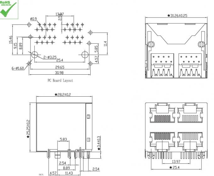 2 X 2 Multi Port Ethernet Stacked RJ45 Modular Jack for Transceiver ...