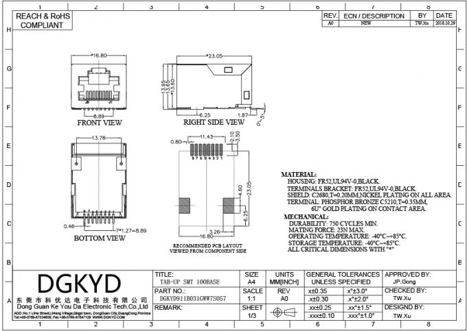TAB UP 100BASE RJ45 SMT Connector Communication Socket