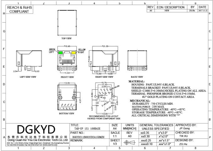 DGKYD211B002CD2A15DMZH Shielded Rj45 Connector Single In - Line Package