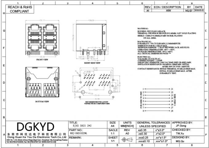 2 X 2 Multi Port Ethernet Stacked RJ45 Modular Jack for Transceiver ...