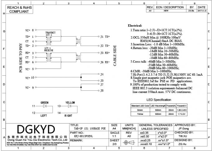 100Base Tap Up POE RJ45 PCB Connector With Internal Magnetics And Led