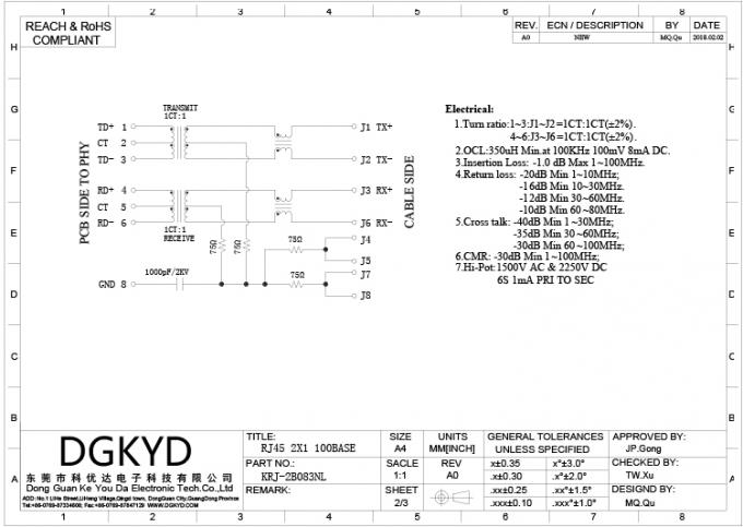2x1 Modular Jack Stack Dual Port RJ45 Magnetics 100Mb Ethernet Connector