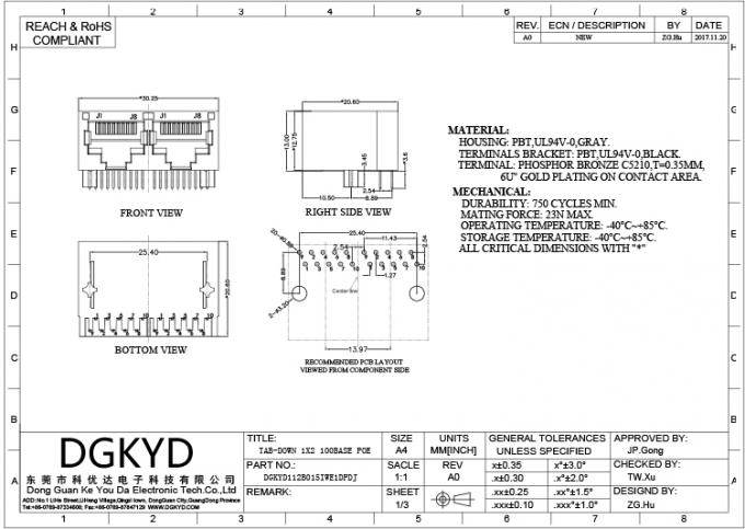 1x2 ganged dual port ethernet RJ45 PCB connector magnetic jack for ...