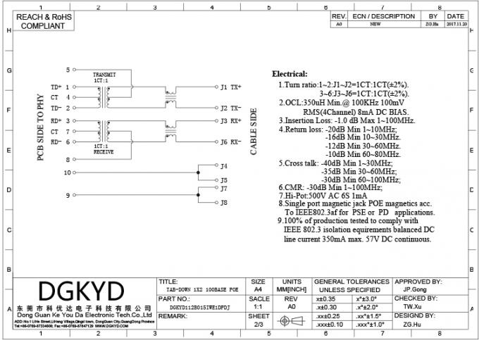 1x2 ganged dual port ethernet RJ45 PCB connector magnetic jack for ...