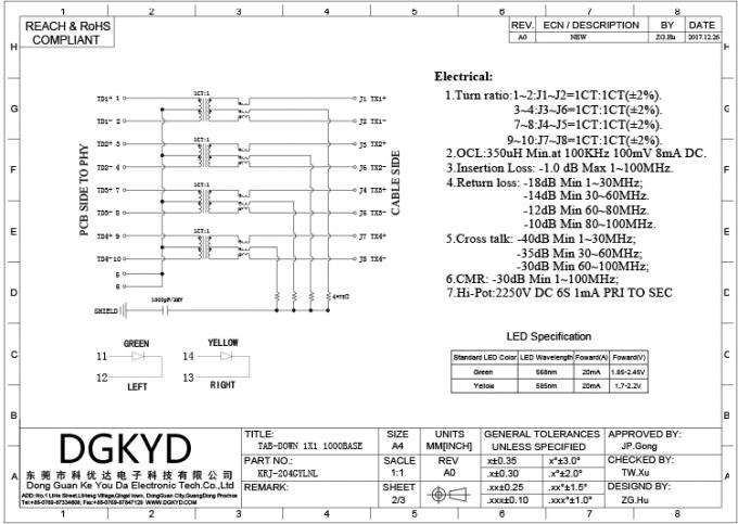 Single Port RJ45 With Integrated Magnetics Modular Jack 1000 Base G/Y LED