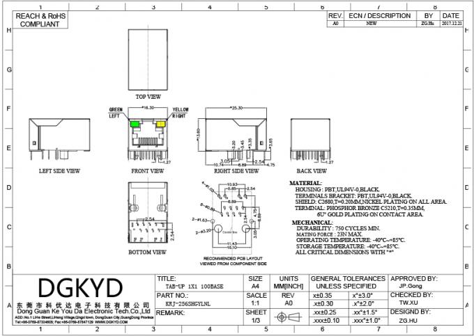 Tap Up Female Connector RJ45 Modular Jack 10/100BASE With LED