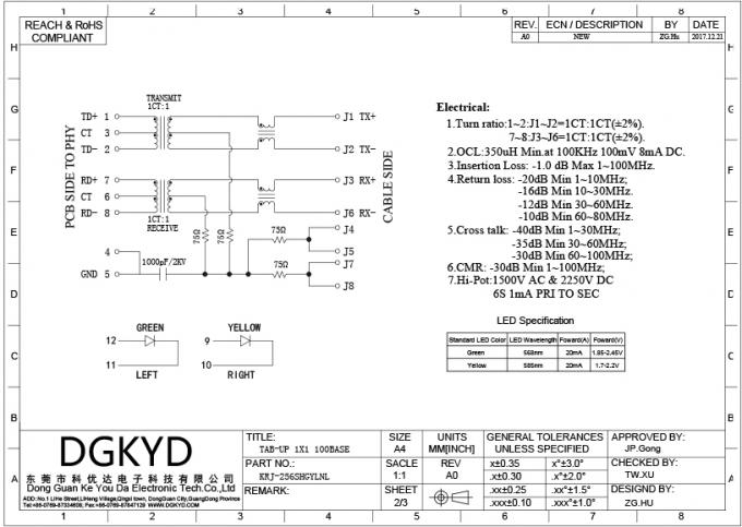 Tap Up Female Connector RJ45 Modular Jack 10/100BASE With LED