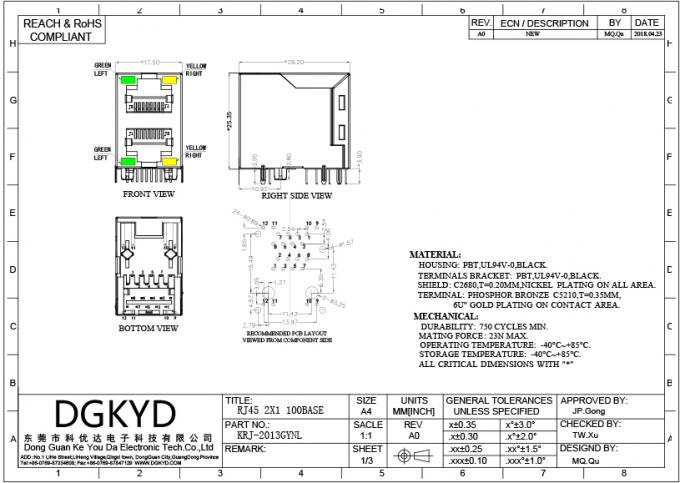 100 Base-T Stacked 2 Port RJ45 Module Jack With Magnetics Right Angle ...