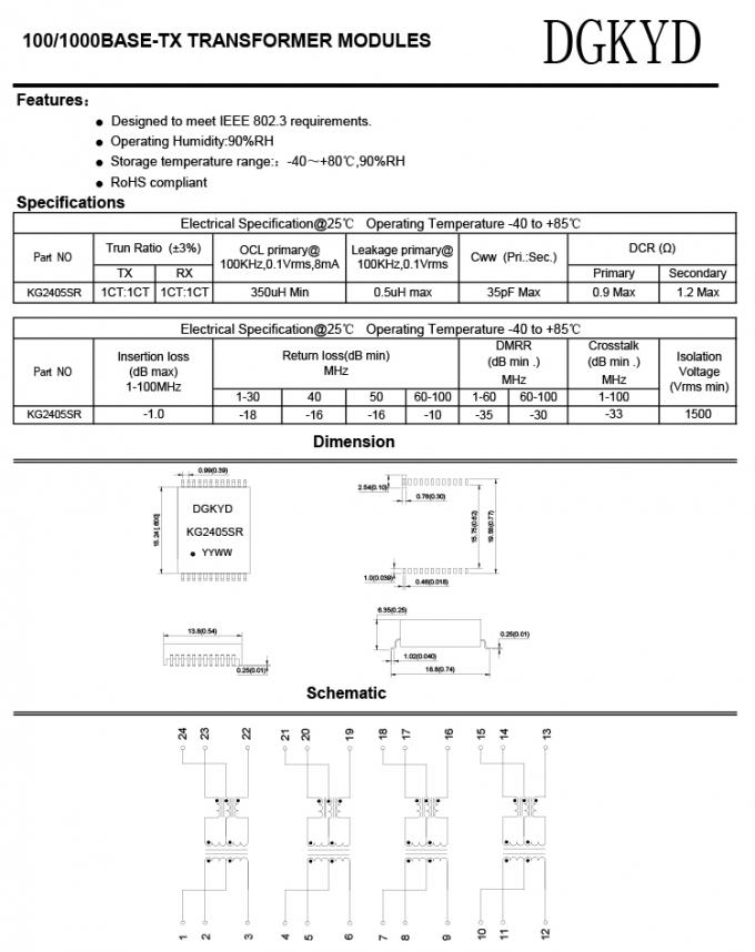 DGKYD KG2405SR 4 Cores 24 Pins SMD Ethernet Transformer Modules