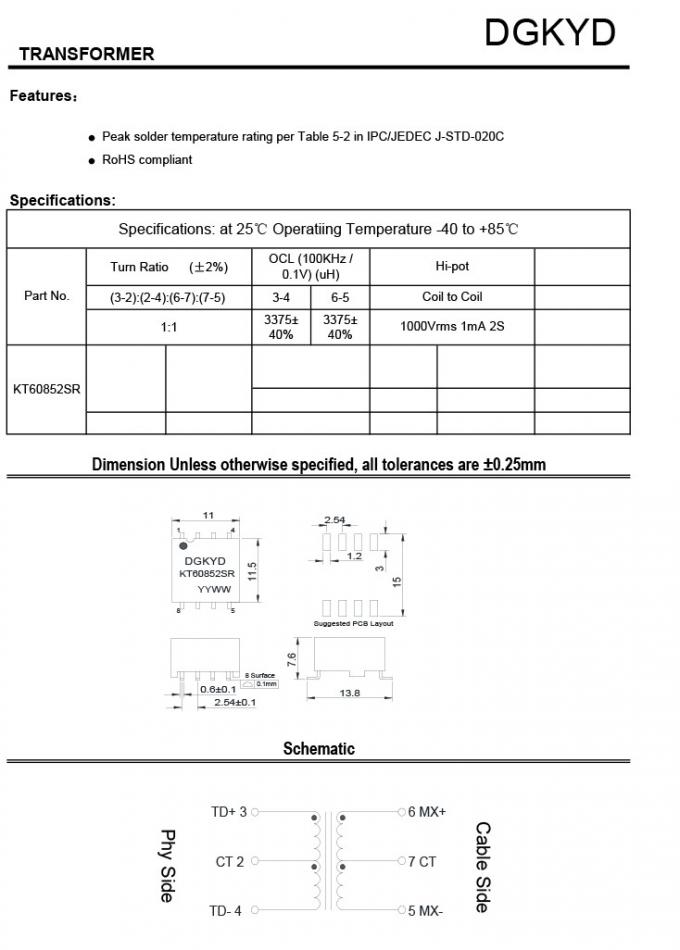 KT60852SR Ethernet Transformer 8PIN 100BASE-TX Magnetic Network LAN SMD ...
