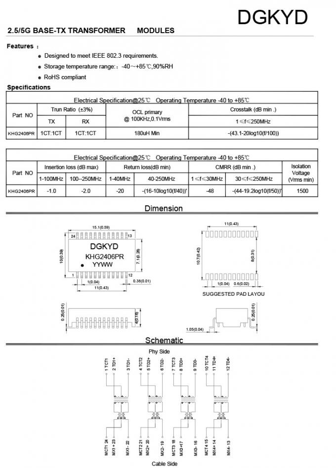Khg2406pr 1000base Tx 24pin Gigabit Ethernet Isolation Transformer Smd Type