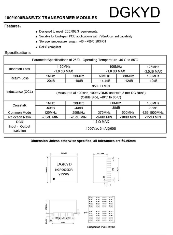 Kgp9602dr 96pin Patch Gigabit Network Transformer Ethernet Isolation