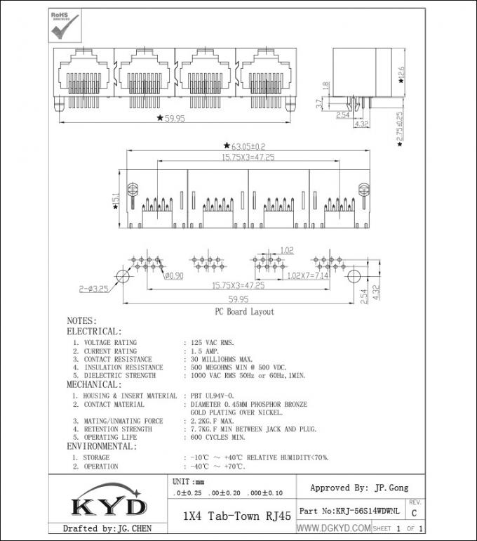 unshielded 4 position rj45 lan jack, tab up, without transformer