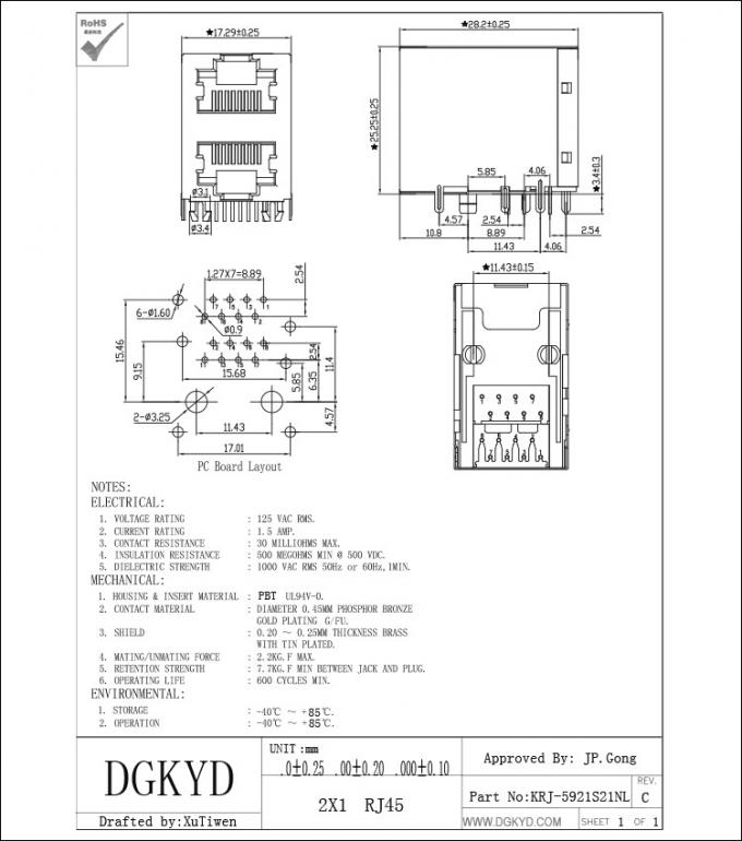 KRJ -5921S21NL Shielded Rj45 Connector 8 Pin Modular Jack 2x1 Offset ...