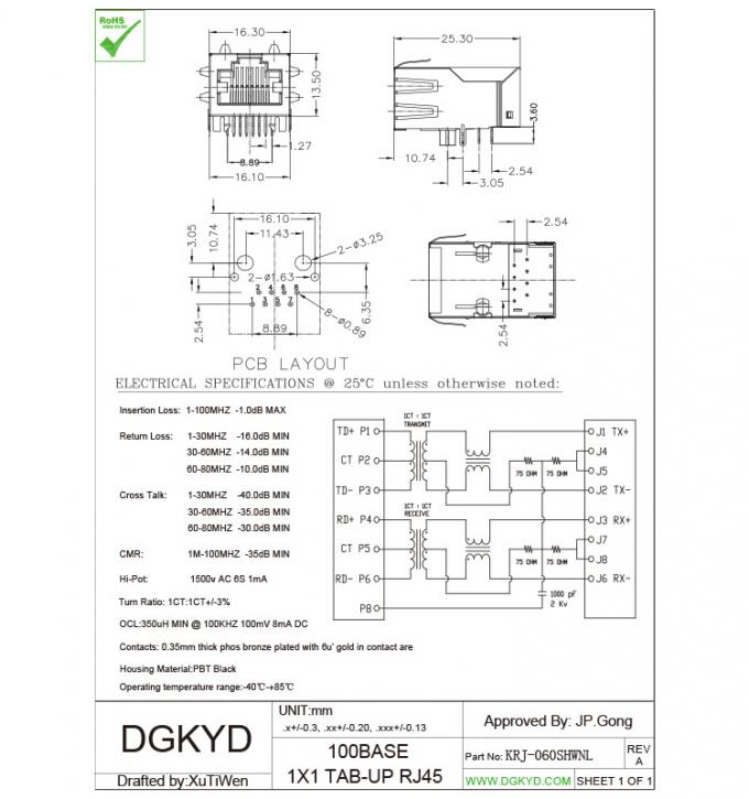 PCB Surface Mount RJ45 Ethernet Connector Shielded with Internal Magnetics