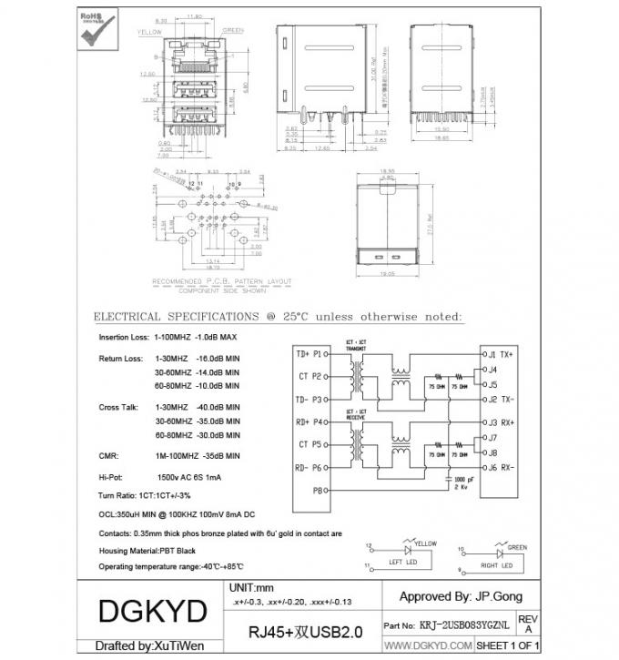 Stacked RJ45 jack over dual deck USB Connector combo rj45 with 100Mb ...