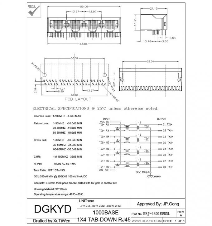 1000M 1 * 4 Four Port Transformer 10 Pin Rj45 Connector For Net Bridge ...
