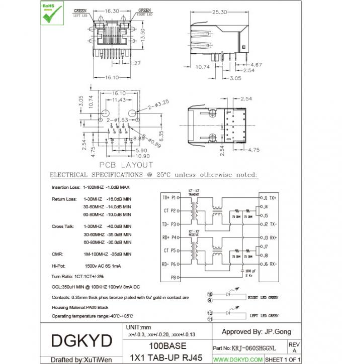 Shield cat 5 RJ45 Modular Jack Single Port tab up with magnetics ...