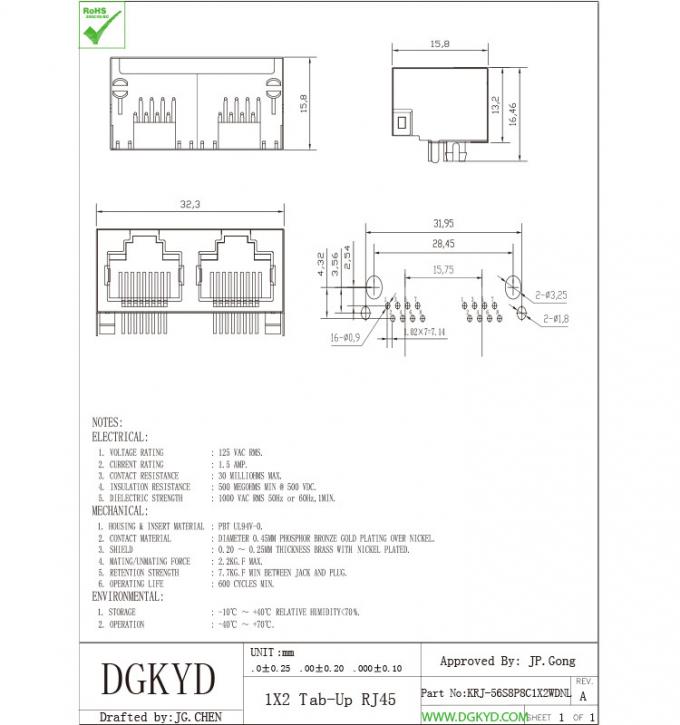 Shield Tab Up 2 Port Rj45 Pcb Connector Without Transformer For Surveillance Cameras