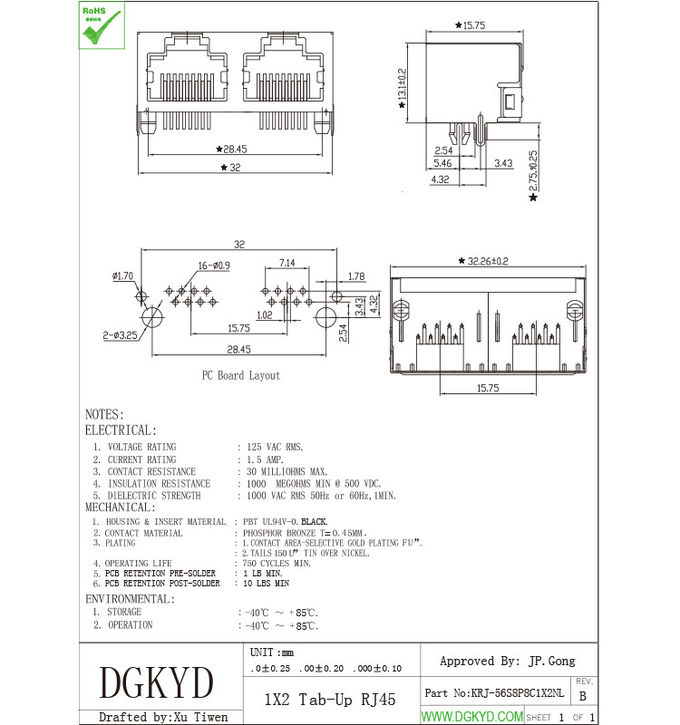 Economical Cost Shield 1x2 Tab Up Double Port Ethernet Socket Rj45 Modular Jack