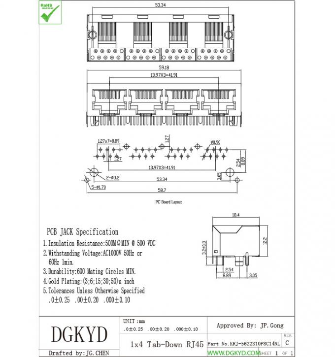 PCB mount 1x4 quad ports RJ45 connector multiple port modular jacks