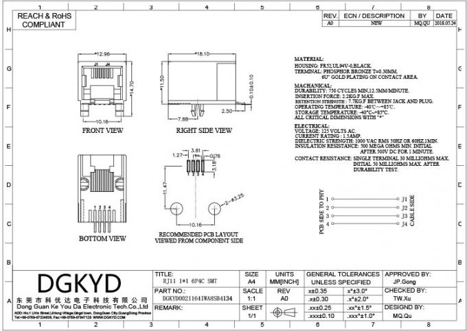 Single Ports Modular RJ11 Jack 4P4C SMD All Plastic Without Light