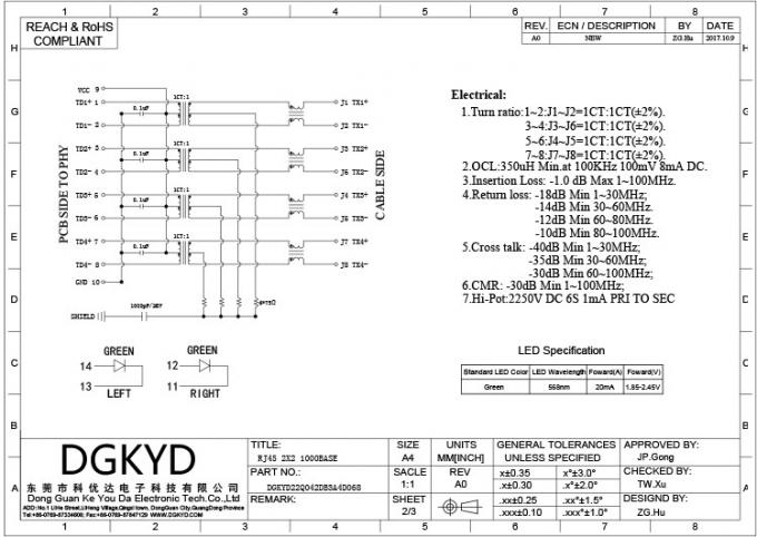 2x2 Multipleport RJ45 Ethernet Jack Female Connector With Transformer